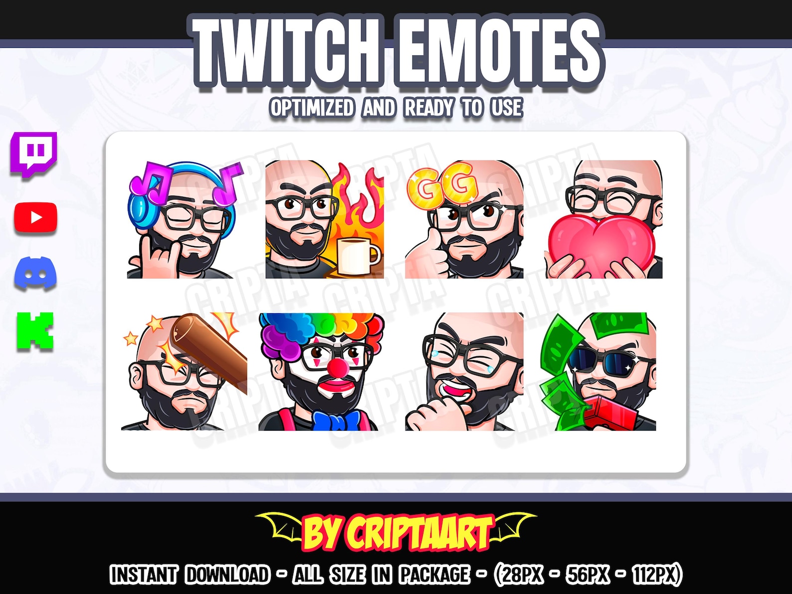 Bald Guy Beard Glasses Twitch Emotes Pack, Channel Points / Stream ...