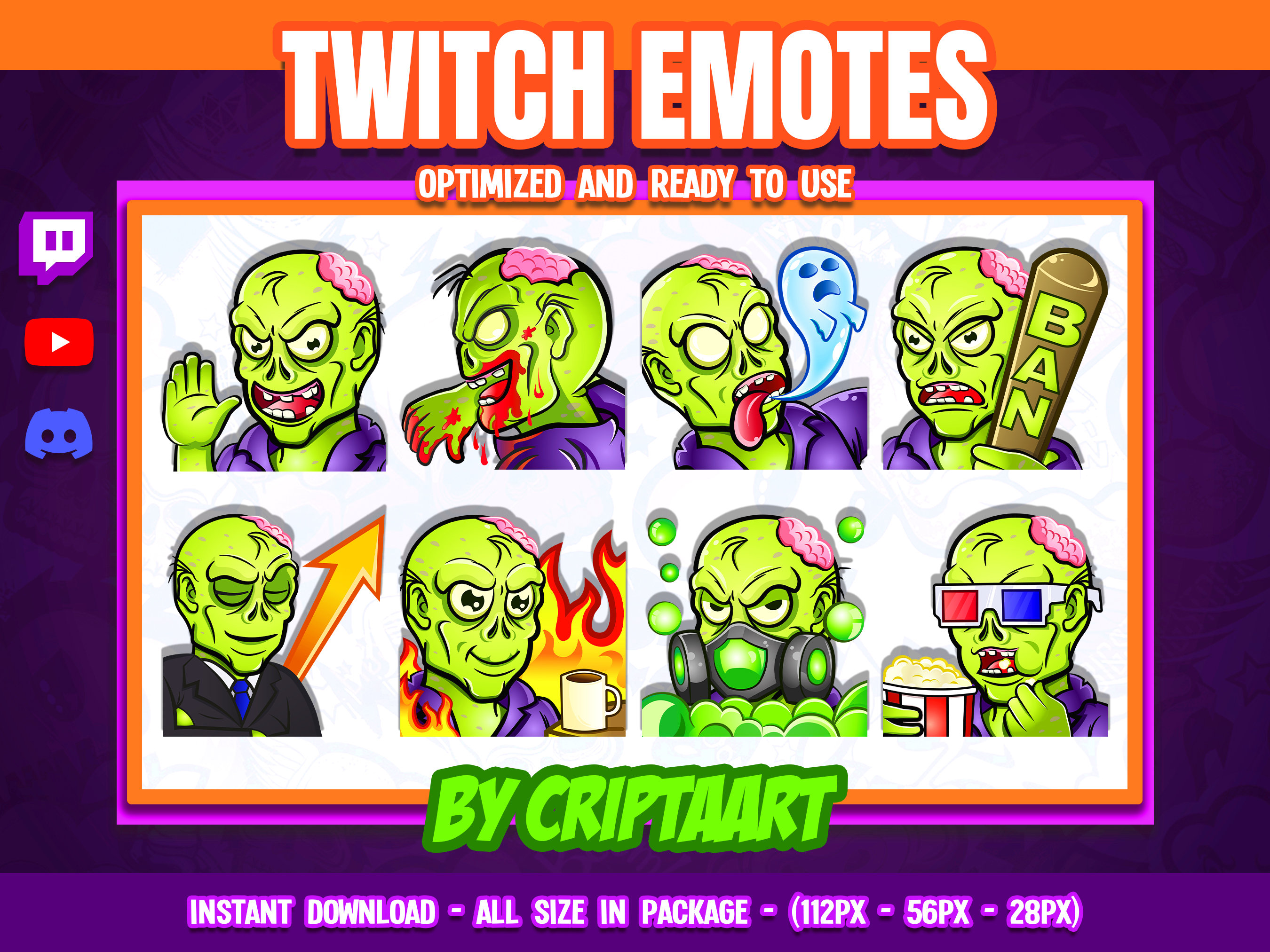 Zombie Twitch Emotes Pack, halloween monster emojis, horror icons ...