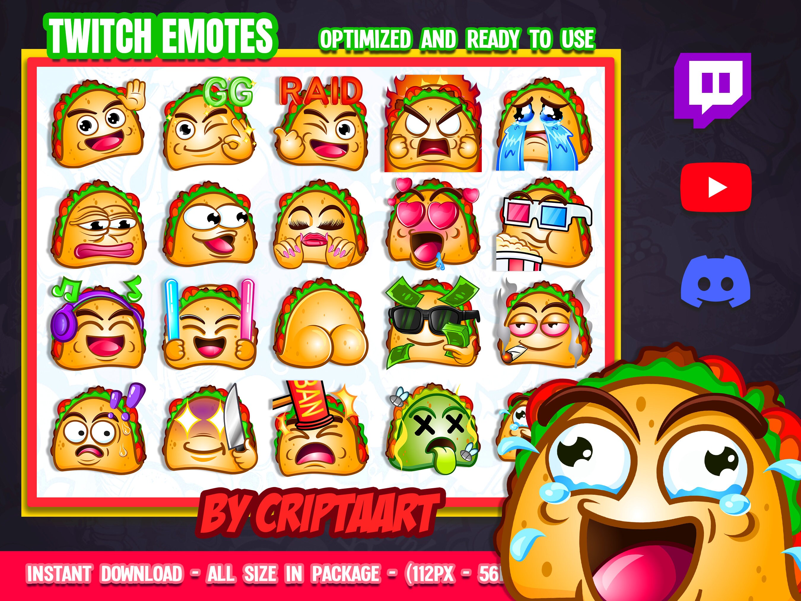 Taco Emotes Mega Pack, Fast Food Twitch Emoji, Kawaii Icons, Items for ...