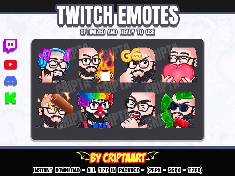 Bald Guy Beard Glasses Twitch Emotes Pack, Channel Points / Stream ...