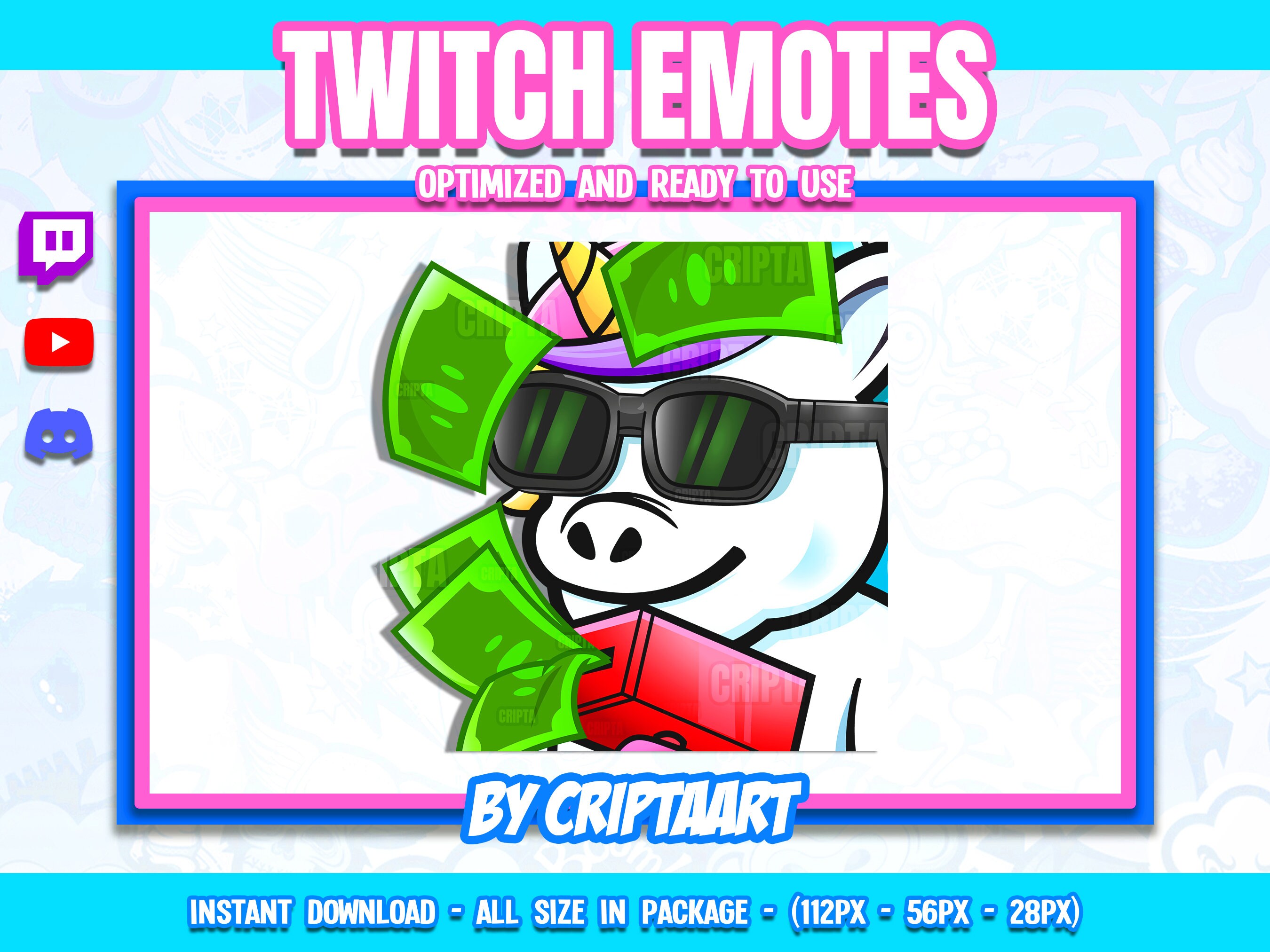 Unicorn Dono Twitch Emote, Rich Emoji, Gun Money, Kawaii Icons for ...