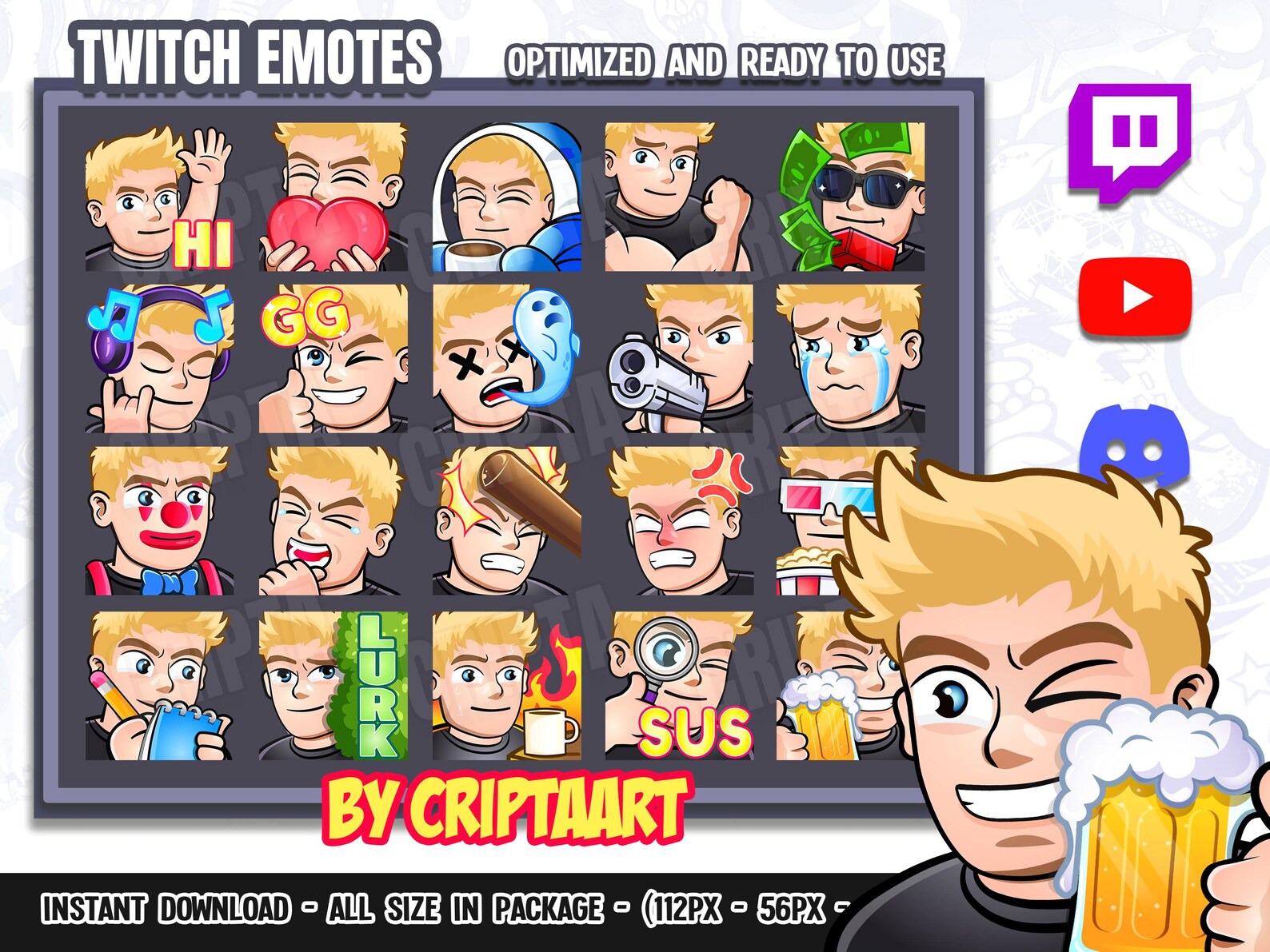 Blonde Hair Guy Twitch Emotes Mega Bundle | Custom Emojis | Channel ...