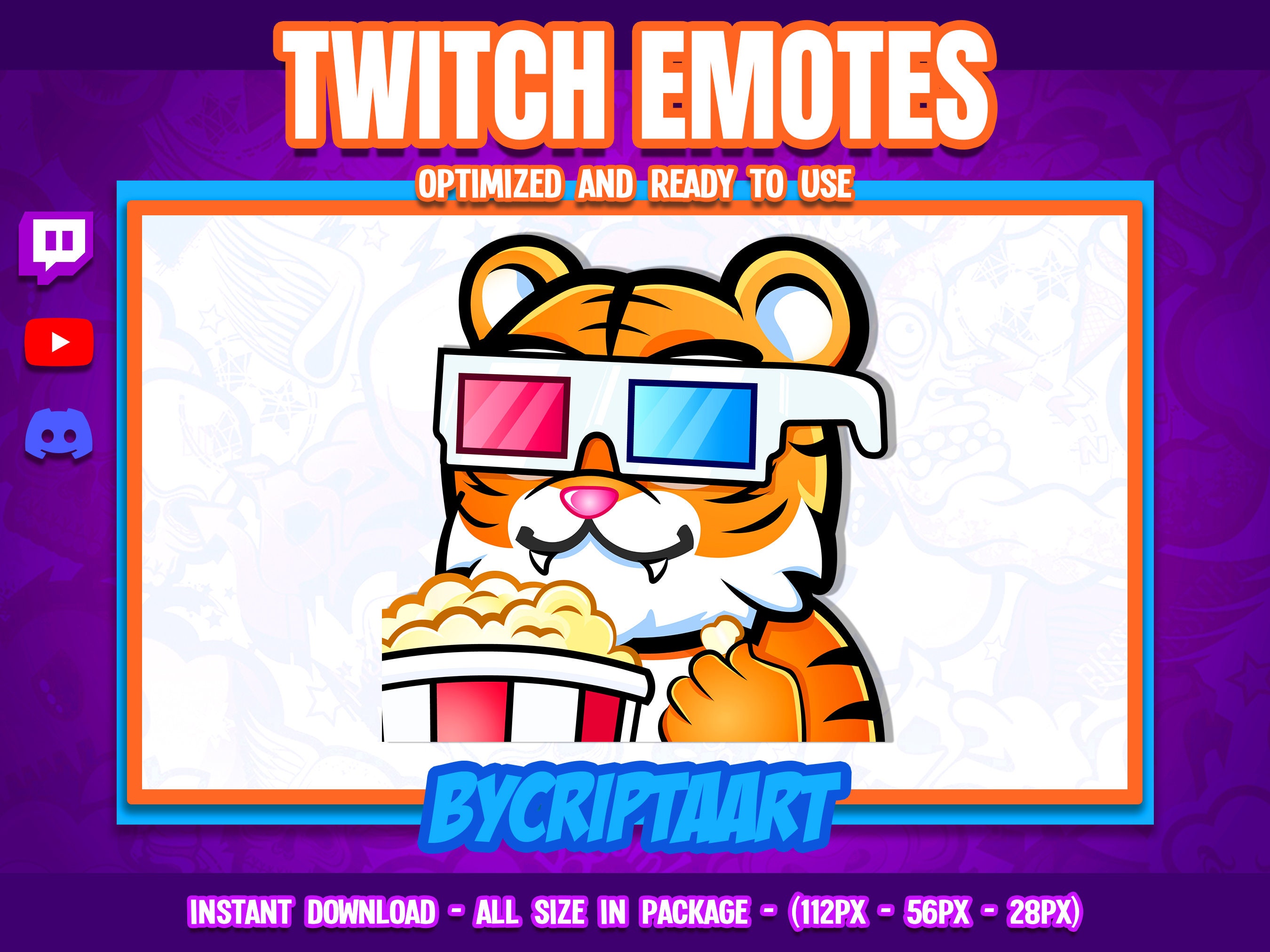 Tiger Popcorn Twitch Emote, Cinema Emoji, 3D Glasses, Channel Points ...