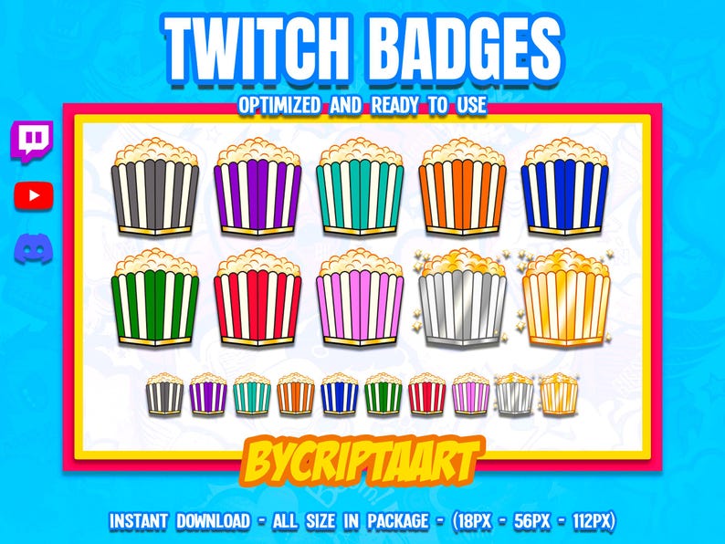 Popcorn Twitch Badges, Cinema, Movie, Cheers, Subscriber / Youtube ...
