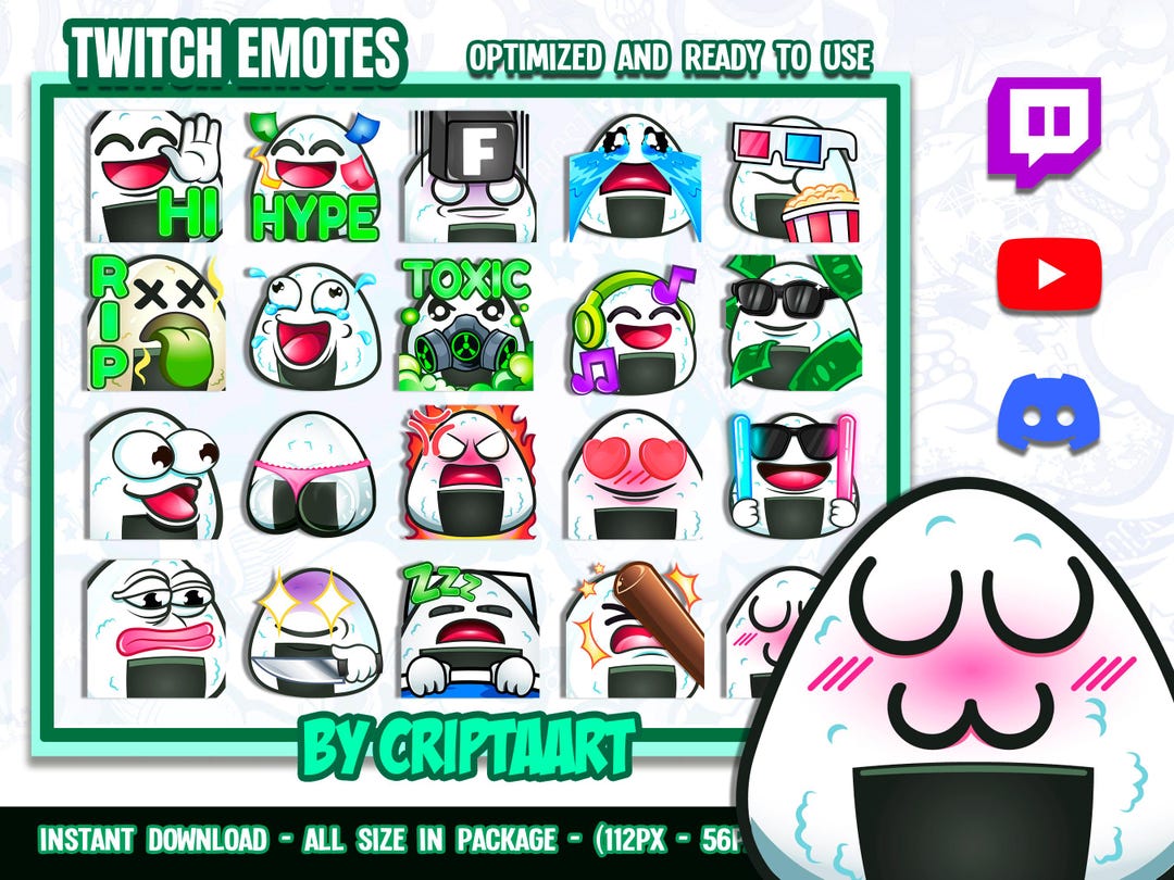 Kawaii Onigiri Mega Pack Emotes for Anime Streamers - Cute Sub Emoji ...