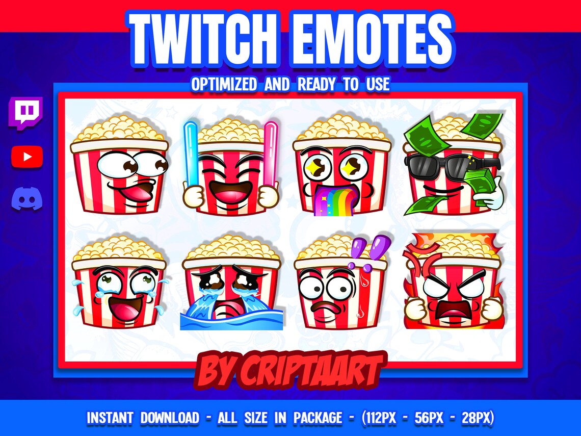 Popcorn Emotes Pack, Cool Popcorn Emote Bundle, Kawaii Food Icons Pog ...