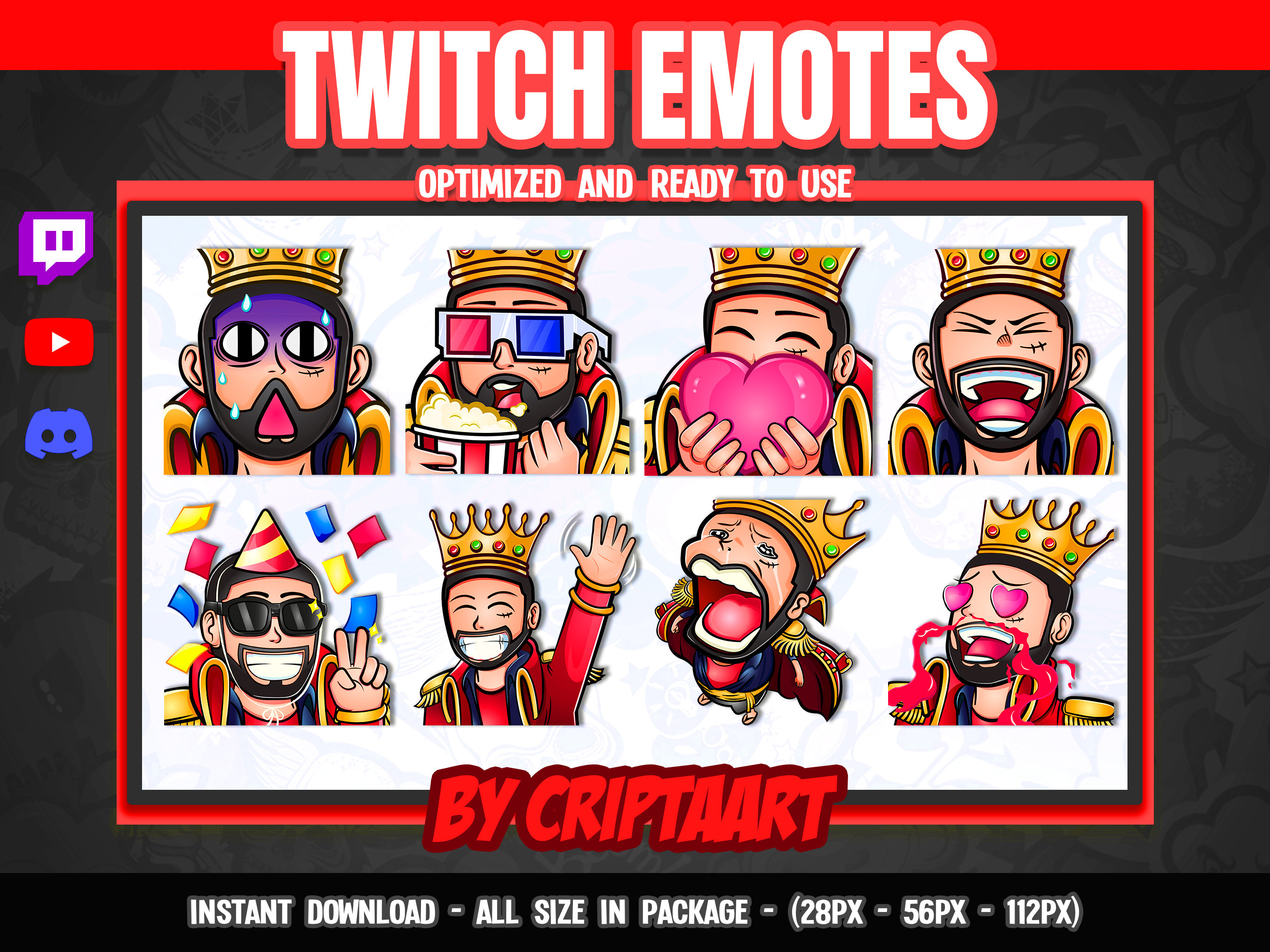King Twitch Emote, Dark Beard Guy Emojis, Crown, Custom Design Stream ...
