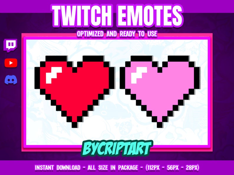 Pixel Art Heart Twitch Emote (x2), Love Emoji, 8 Bits, Gaming, Retro ...