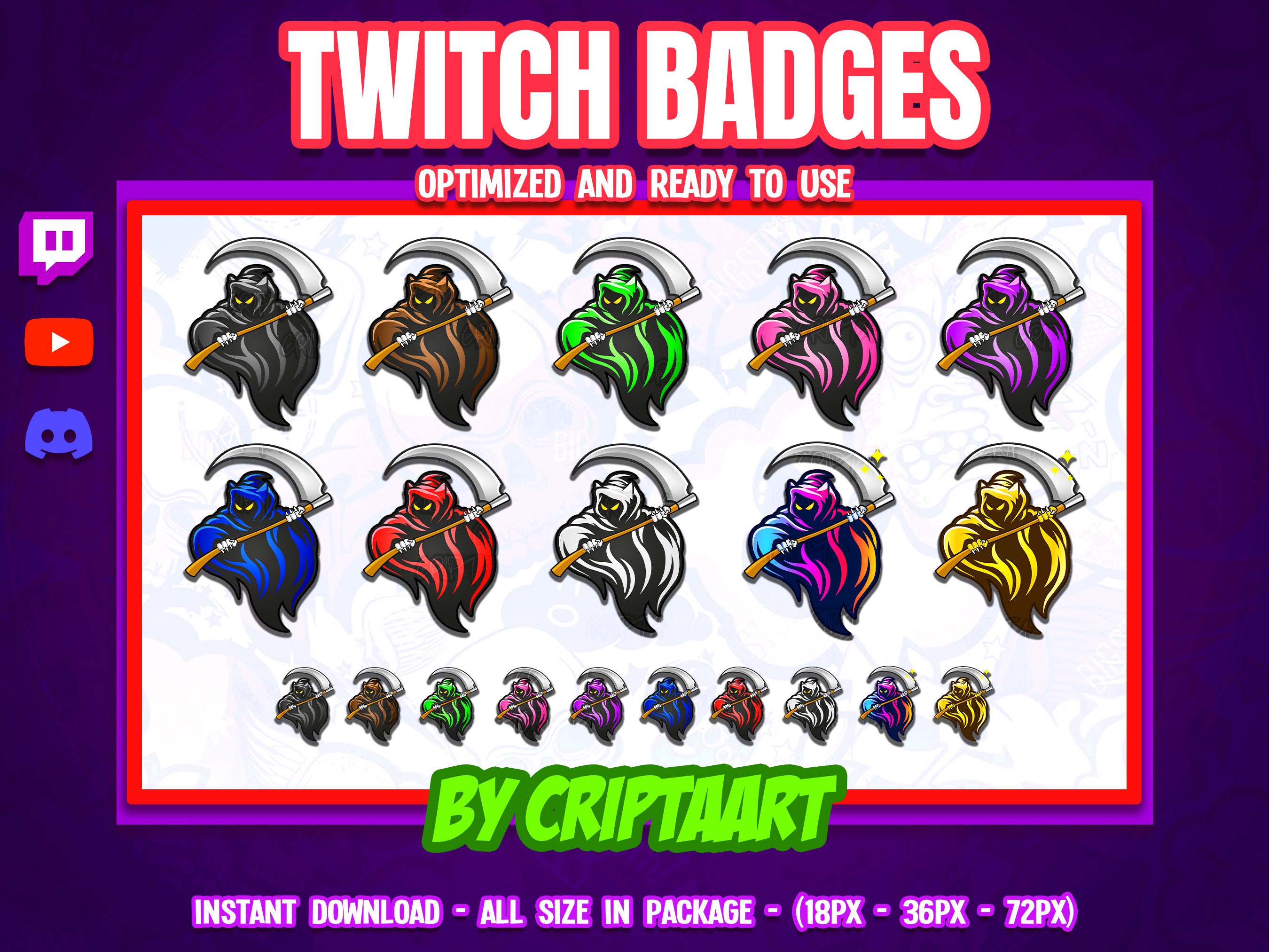 Grim Reaper Twitch Badges, Scythe Bit Badges, Spooky, Gothic, Halloween ...