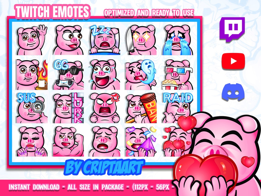 Pig Mega Pack Emotes, Cute Twitch Emoji, Farm Animals, Kawaii Icons for ...