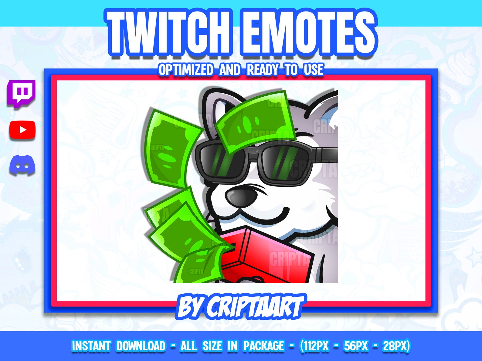 Chibi Wolf Money Gun Emote, Cool Cash Sticker, Twitch Discord Kick ...
