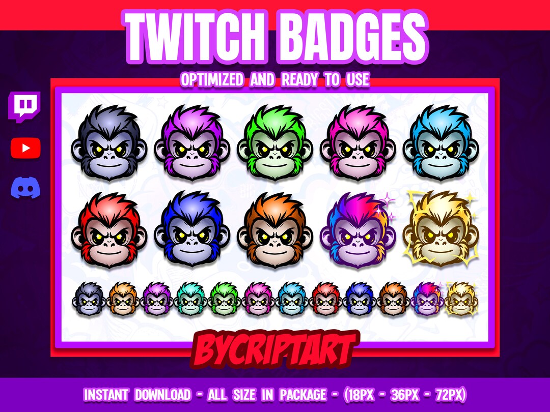 Monkey Twitch Sub Badges, Chibi Monkey Bit Badges for Streamers ...