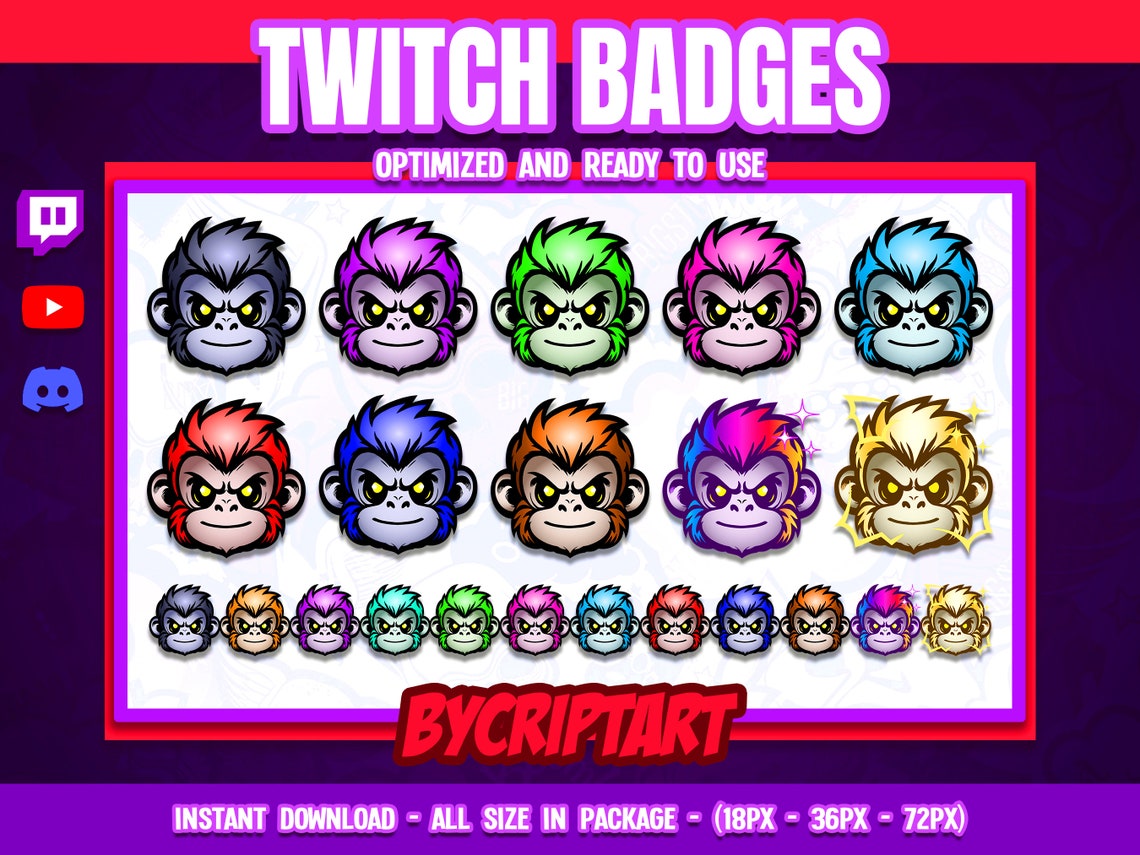 Monkey Twitch Sub Badges, Chibi Monkey Bit Badges for Streamers ...