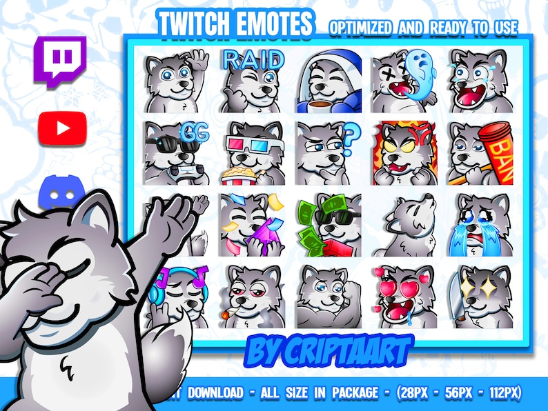 Grey Wolf emotes mega pack, animal emojis, husky, kawaii icons, items ...