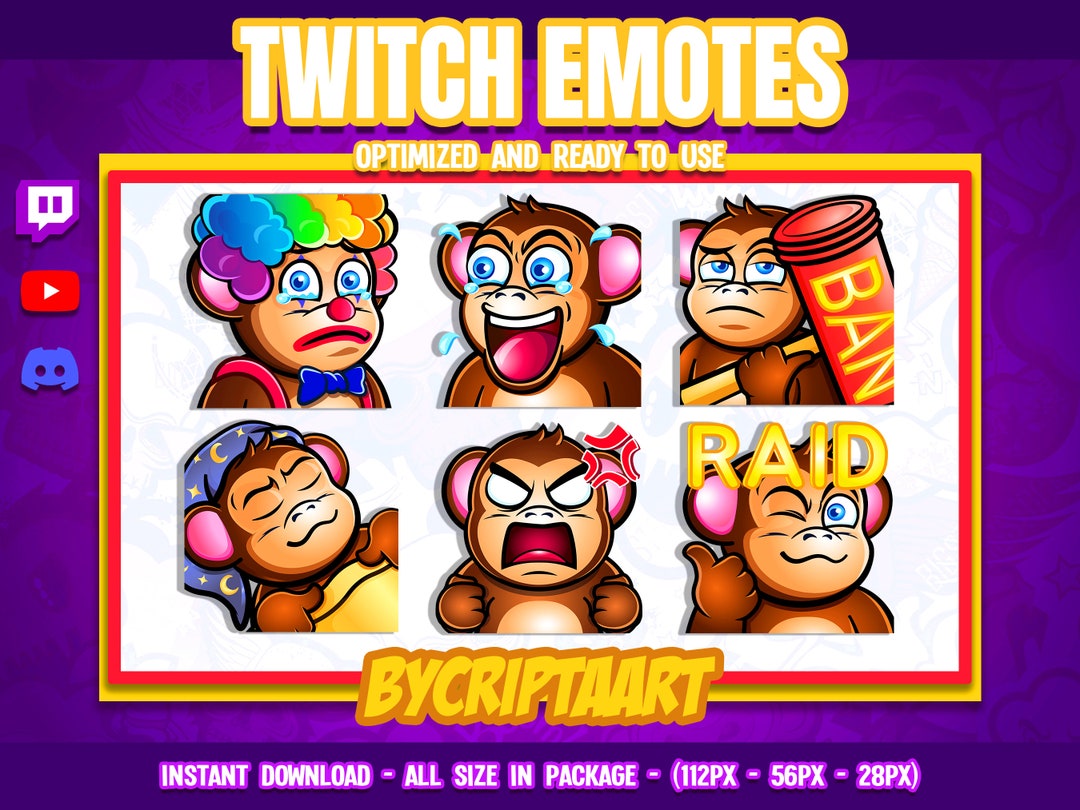 Monkey Twitch Emotes Pack, Ape Emoji Bundle, Clown Lol Ban Zzz Rage ...