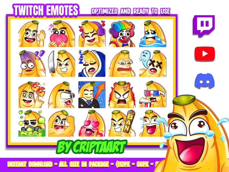 Banana Twitch Emote Pack, Fruit Emoji Bundle, Channel Points / Stream ...