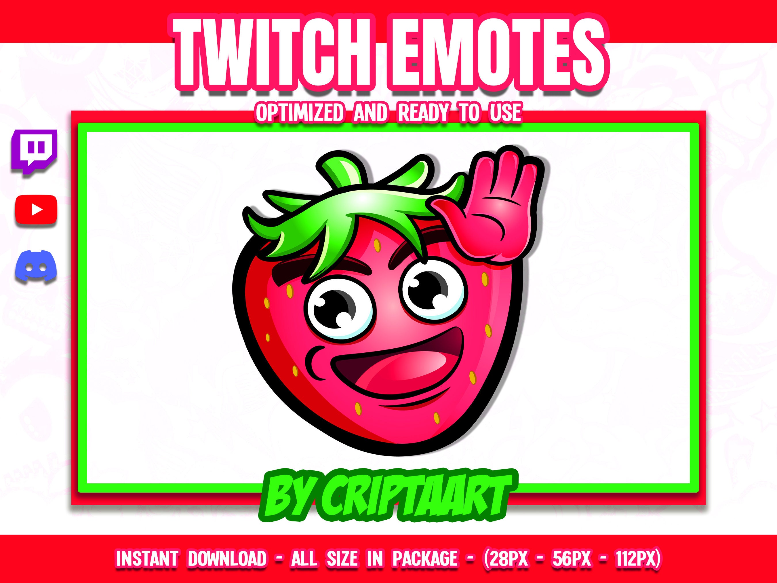 Strawberry Twitch Emote, Wave Emoji, Waving, Hi Fruit Icons, Kawaii ...