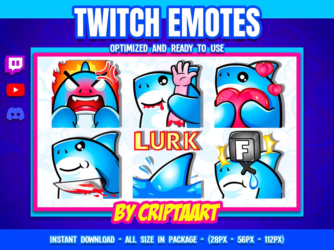 Shark Twitch Emotes Pack, Rage, Hi, Love, Knife, Lurk, F Emoji, Channel ...