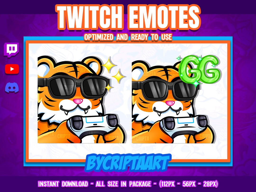 Tiger GG Twitch Emote, Gaming Controller Joystick Emoji, Orange Cat Channel Points / Stream ...