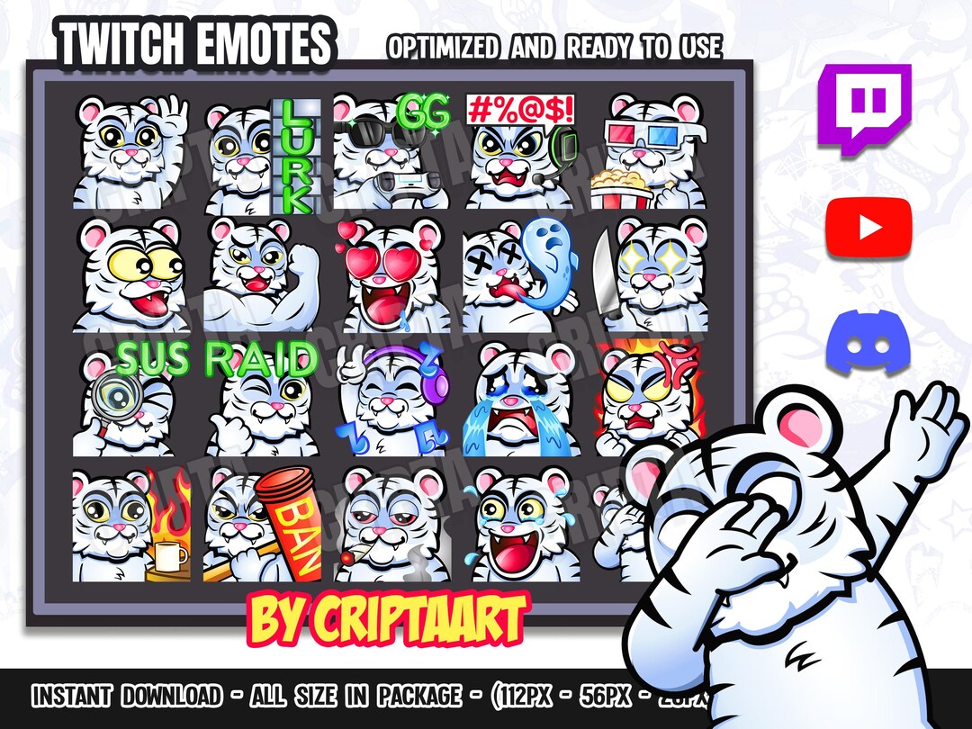 White Tiger Emotes for Twitch Discord Kick | Chibi Animal Emote Pack ...