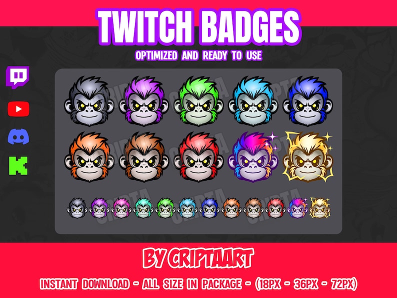 Monkey Twitch Badges, Bit Badge, Chibi Gorilla, Cheer, Subscribers ...