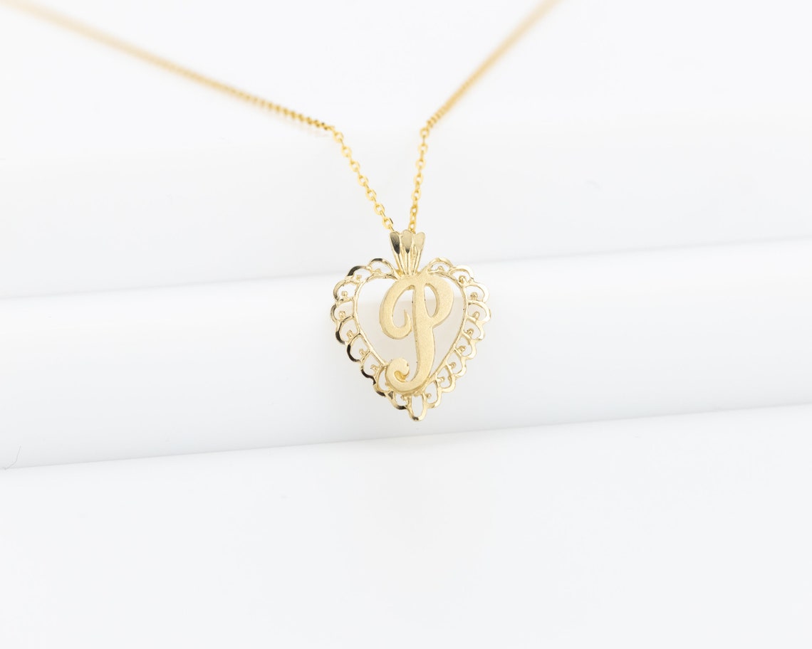 P Letter Heart Pendant 10k Solid Gold P Initial Necklace | Etsy UK
