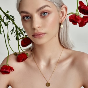 Birth Month Flower EARRINGS - Dainty Flower Coin Pendant Gold Huggie Hoop Earrings Horoscope ...