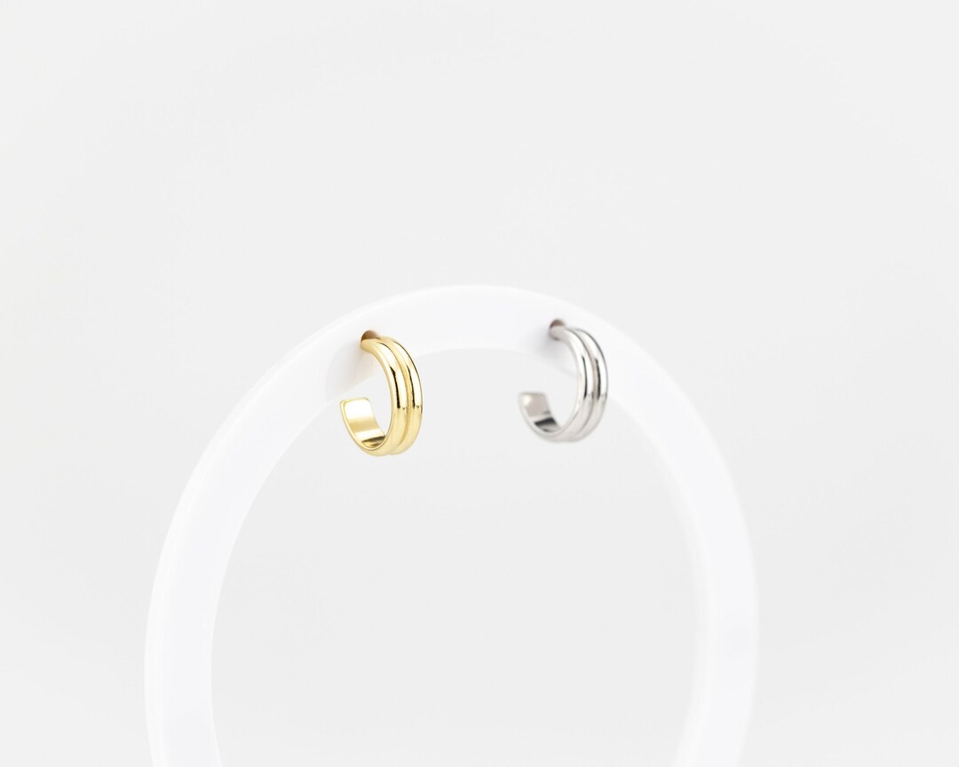 Mini Double Hoops, Ribbed, Stacked Hoops, Dainty Bold Earrings, C Hoops ...