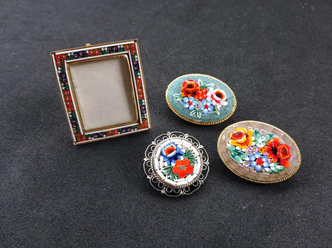 Vintage Micromosaic Flower Brooch Photo Frame, Glass Mosaic, Antique ...