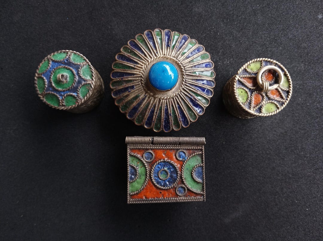 Algerian Blue Enamel and Metal Vintage Box With Geometric Motifs ...