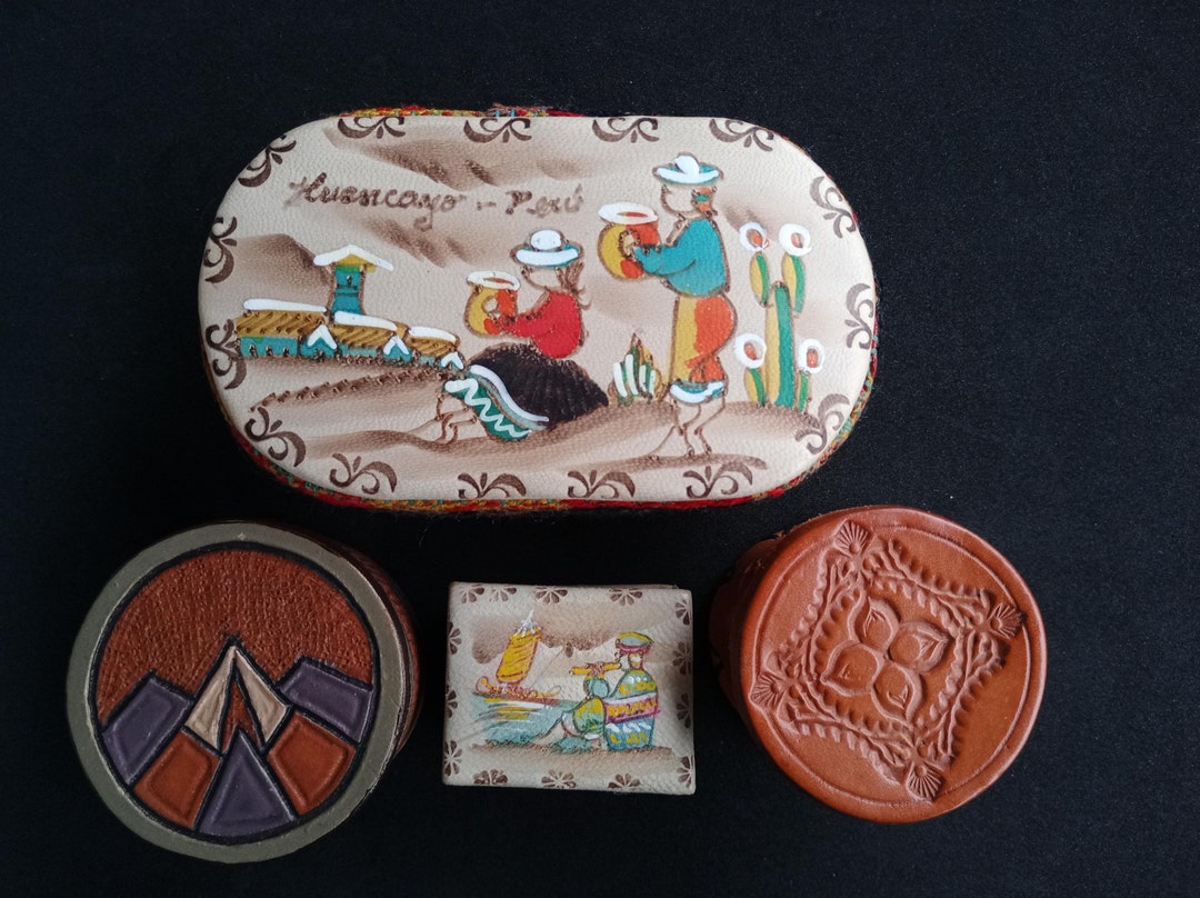 Vintage Leather Boxes, Souvenir From Peru, Handmade, Painted ...
