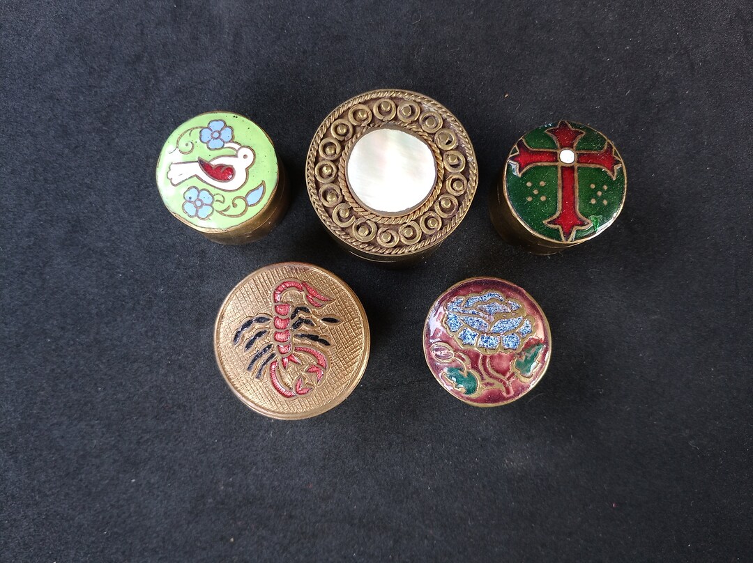 Indian Metal and Enamel Pill or Snuff Box. Bird, Scorpion, Flower ...