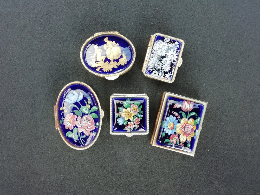 Vintage Porcelain Limoges Blue and Gold Pill Box or Trinket Box, on the ...