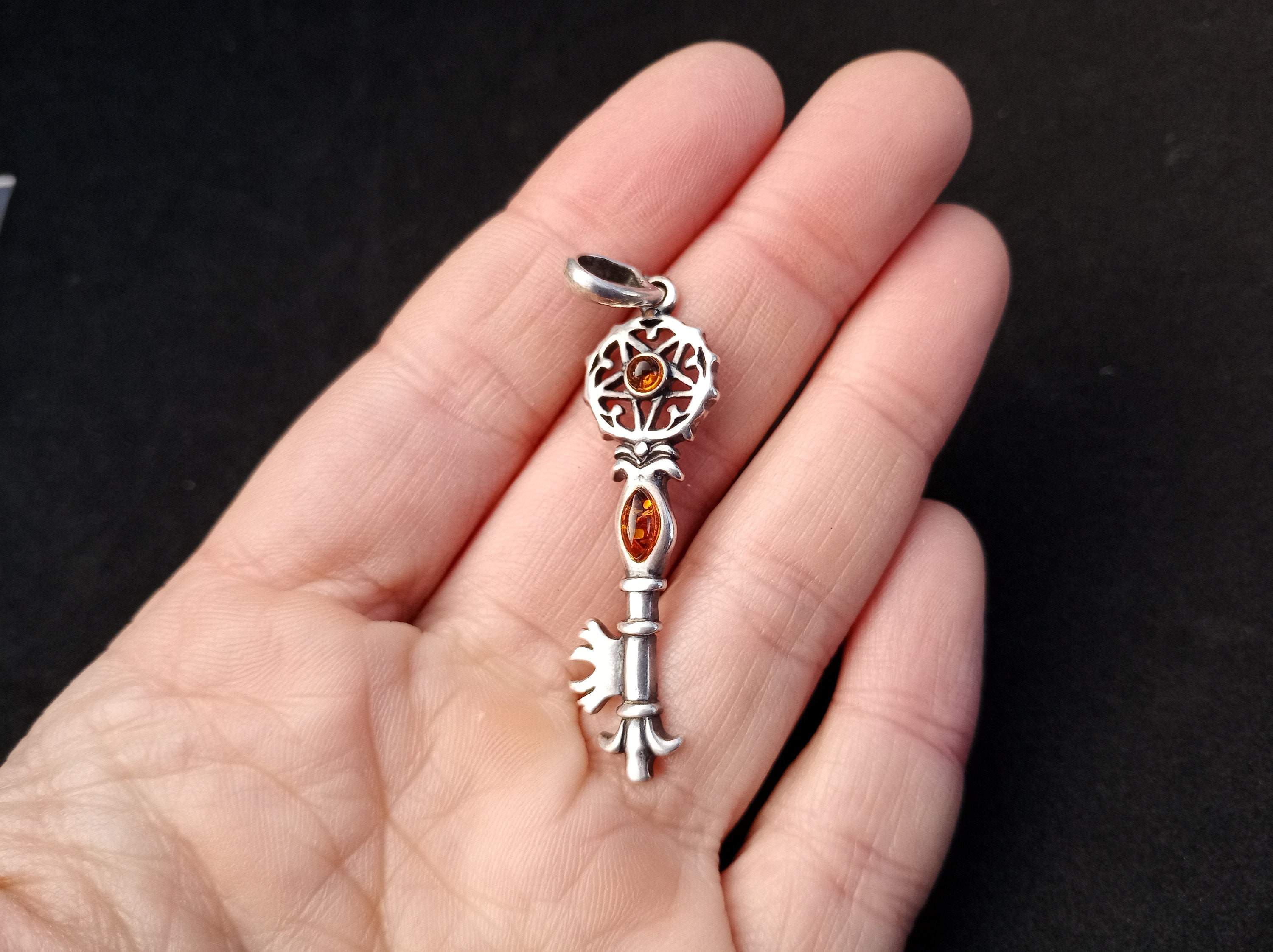 Silver and Amber Pendant in the Shape of a Five-pointed Star Wicca Key ...