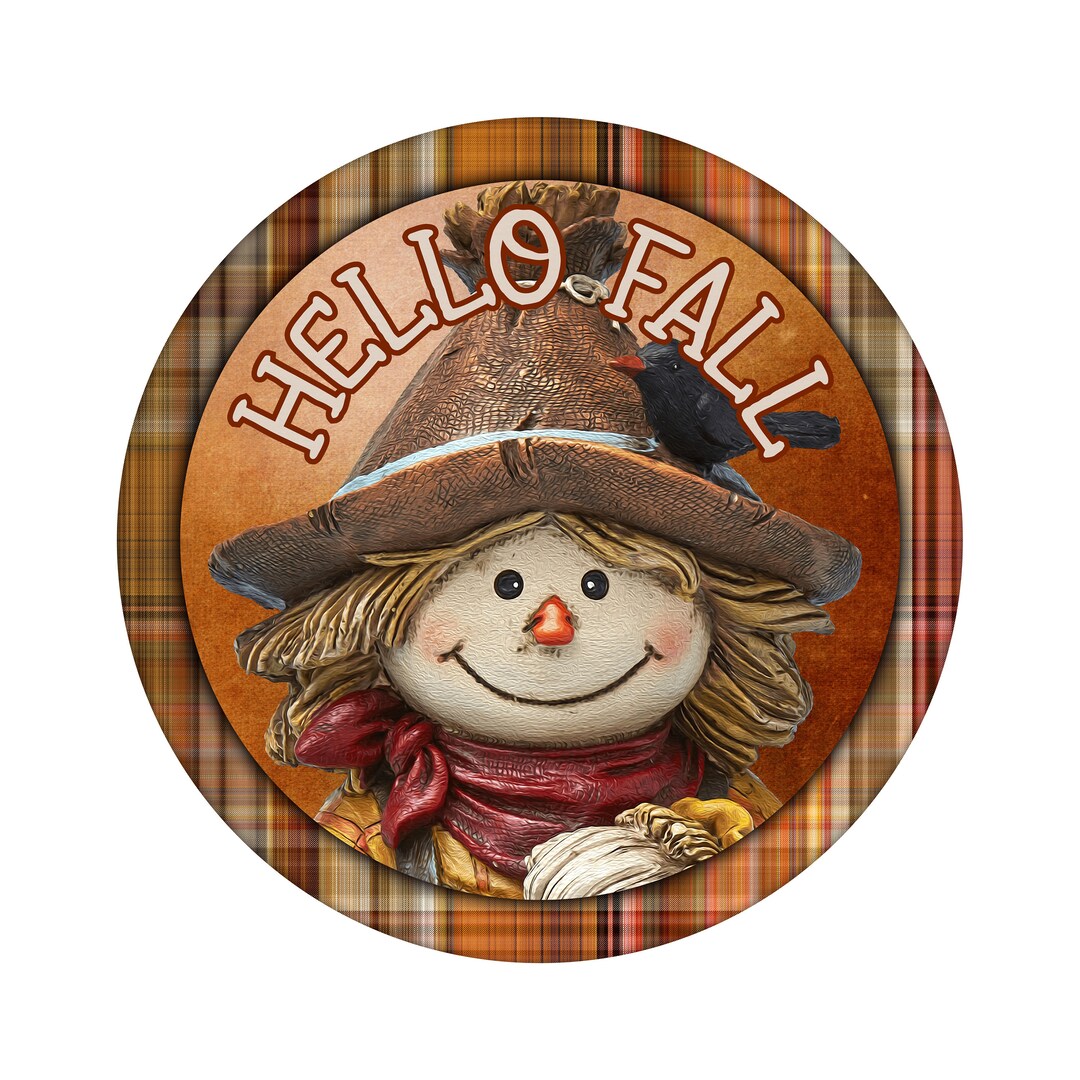 Hello Fall Scarecrow- Round Metal Wreath Sign - Etsy