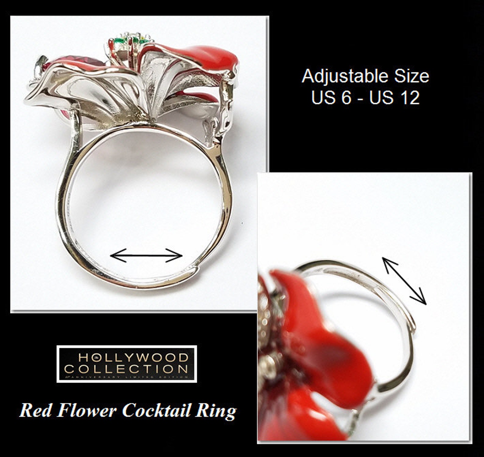 Tropical Red Flower Cocktail Ring With Heart Ruby Cz Hollywood | Etsy