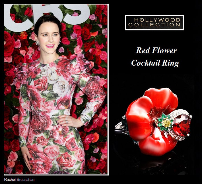 Tropical Red Flower Cocktail Ring With Heart Ruby Cz Hollywood - Etsy