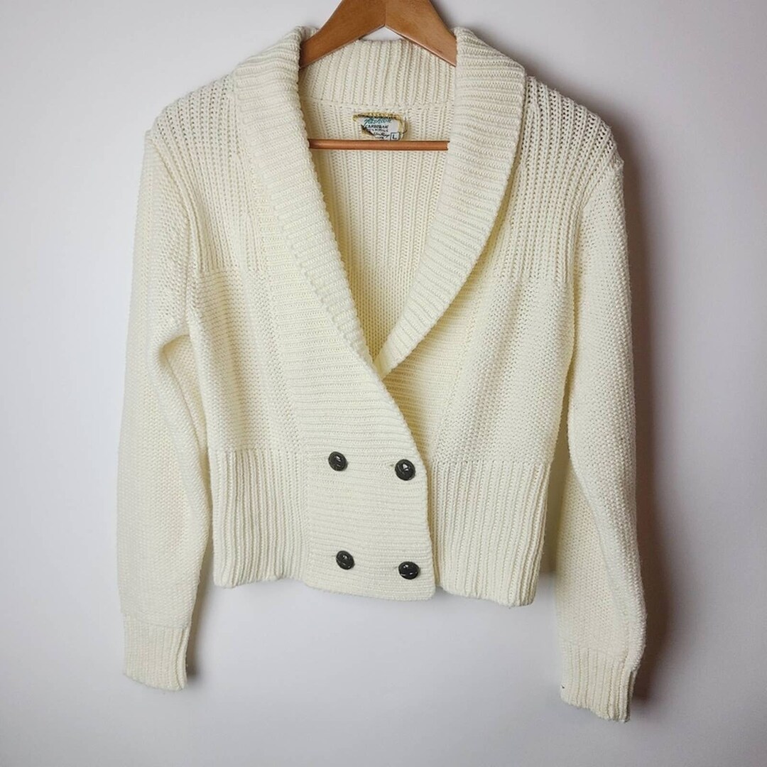 Vintage 70s Cream White 'satisfaction Always' Knit Cardigan Sweater - L ...