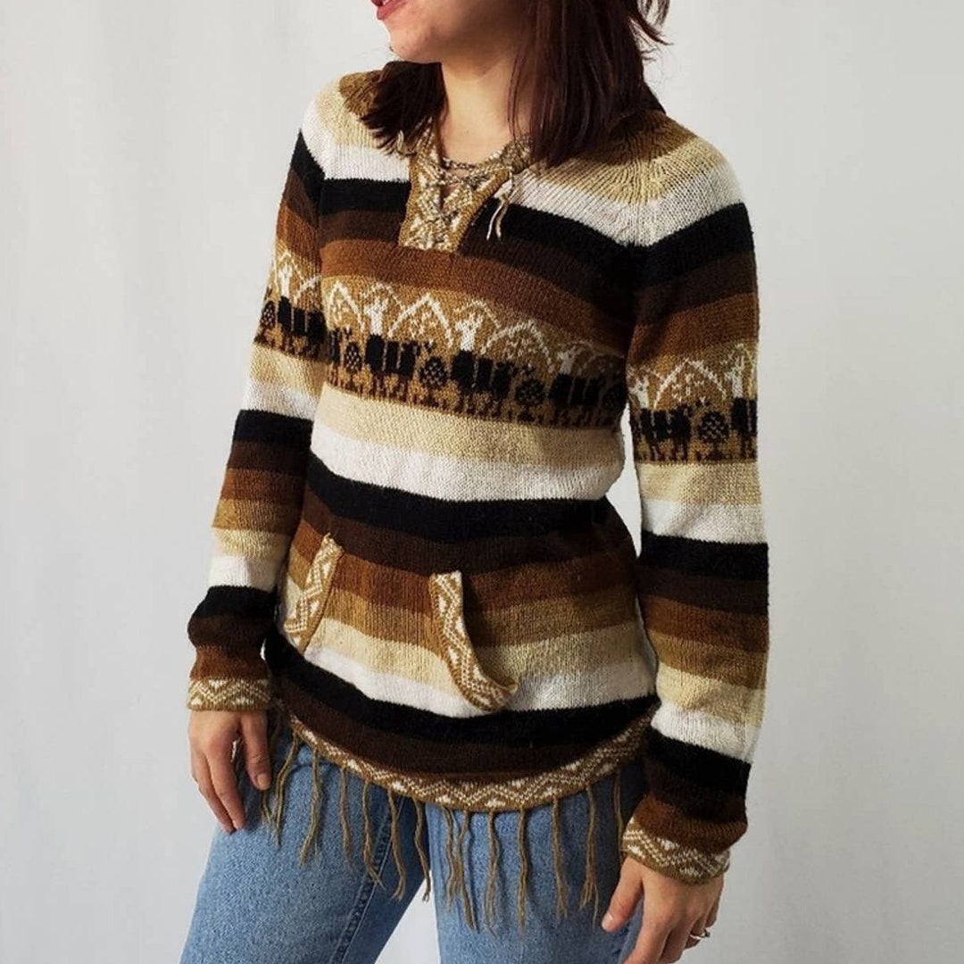Vintage 70's Striped Alpaca Fringe Sweater M - Etsy