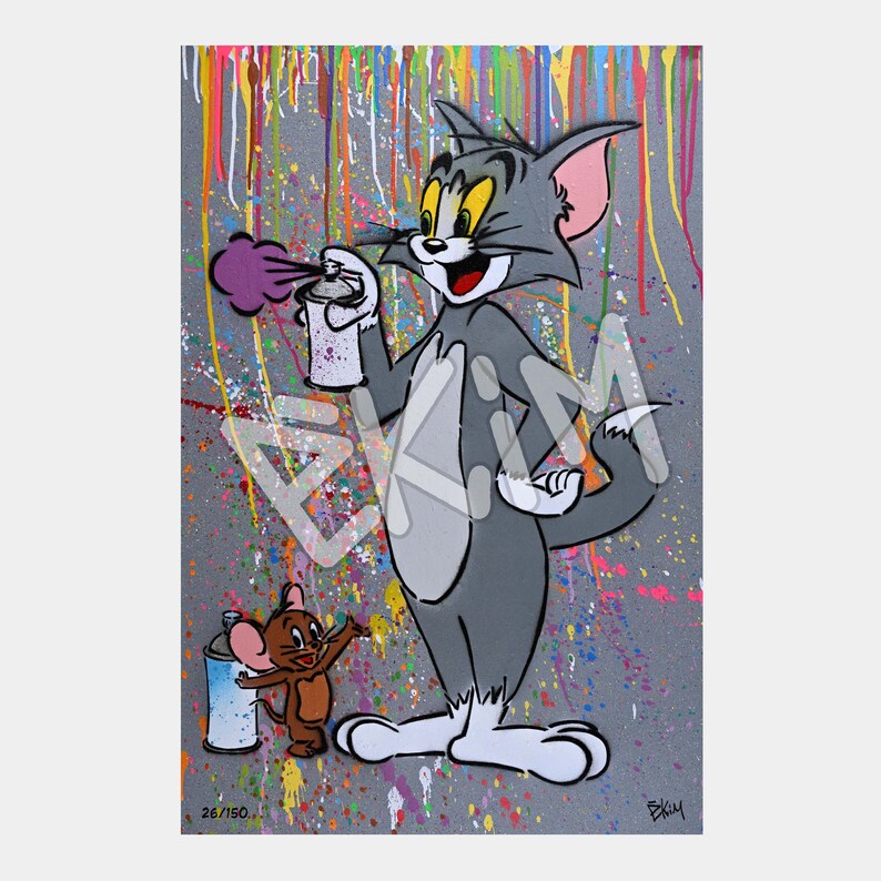 Tom und Jerry Street Art Graffiti Beton Beton Hintergrund Violett Spray ...