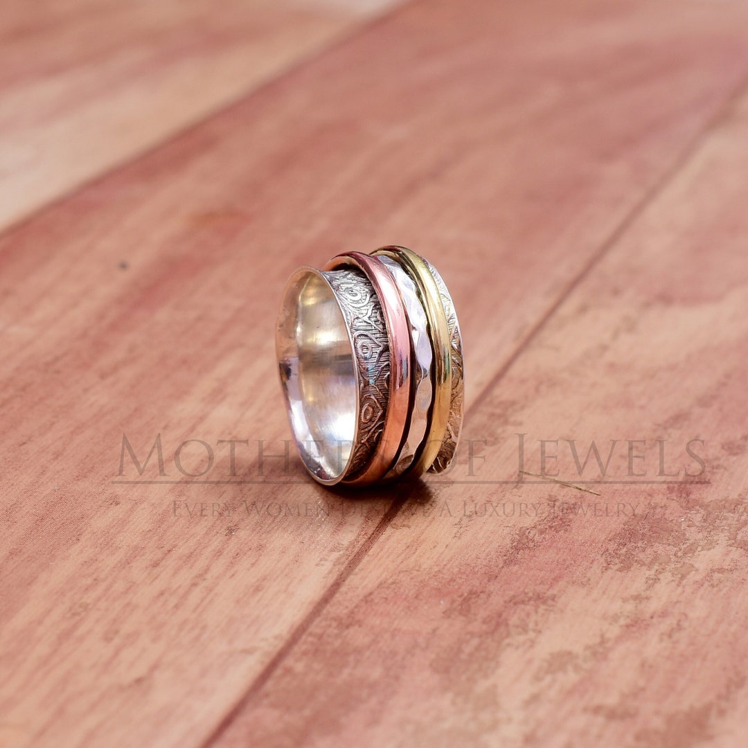 100% Genuine Three Tone Ring Ring, Gemstone Ring, Silver Spinner Ring ...