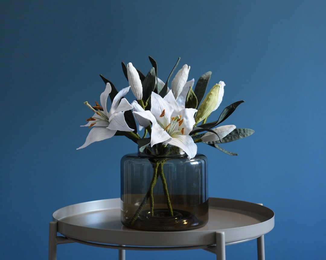 White Lily Textile Bouquet - Botanical Sculpture for Table Centerpiece ...