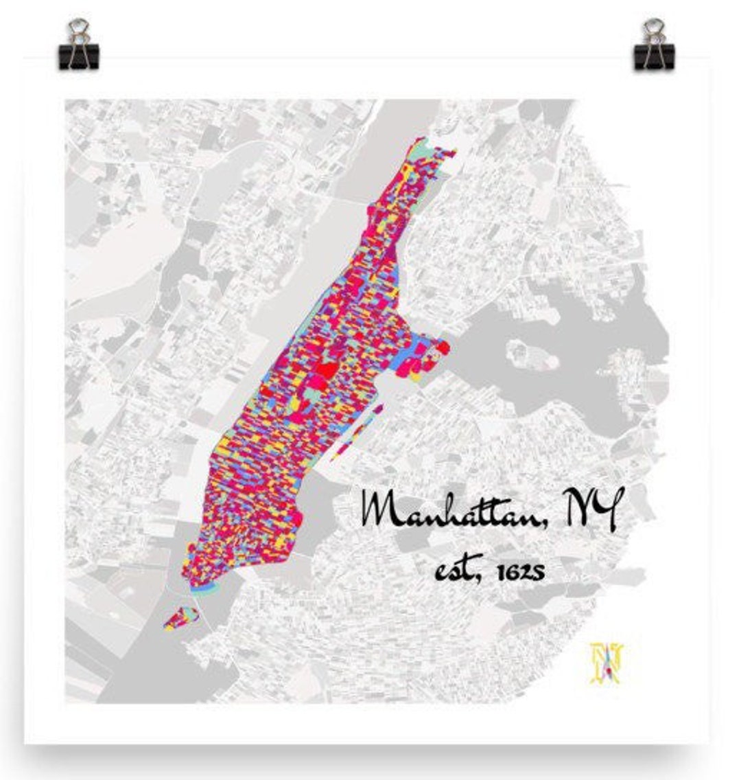 Manhattan, New York, New York City Map, Poster Map, Red, Pink, Blue ...
