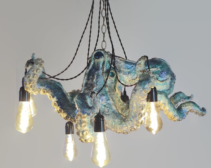 Octopus Lamp, Nautical Blue & Gold Chandelier, Steampunk Lighting With ...