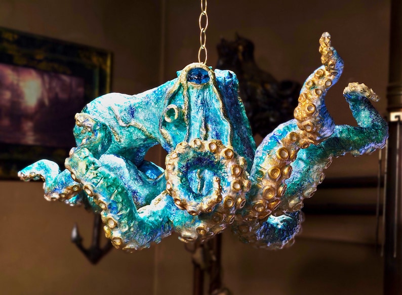 Octopus Lamp, Nautical Blue & Gold Chandelier, Steampunk Lighting With ...