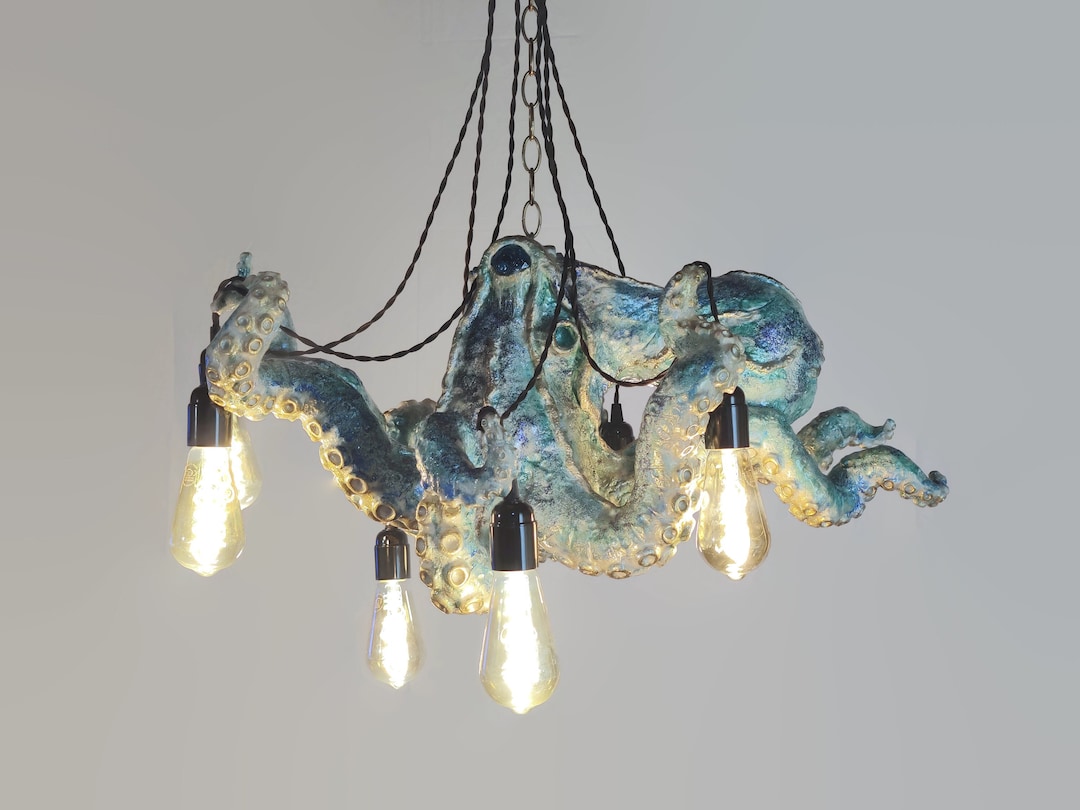 Octopus Lamp, Nautical Blue & Gold Chandelier, Steampunk Lighting With ...