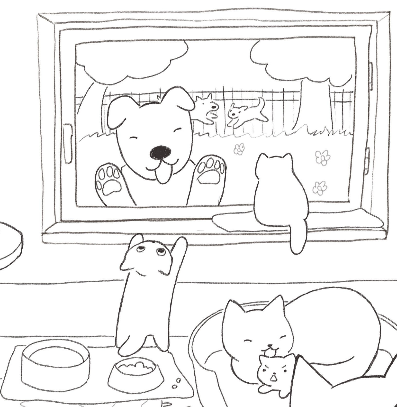 A4 Digital Printable Cats, Kittens and Dogs, Cat and Dog Coloring Page ...