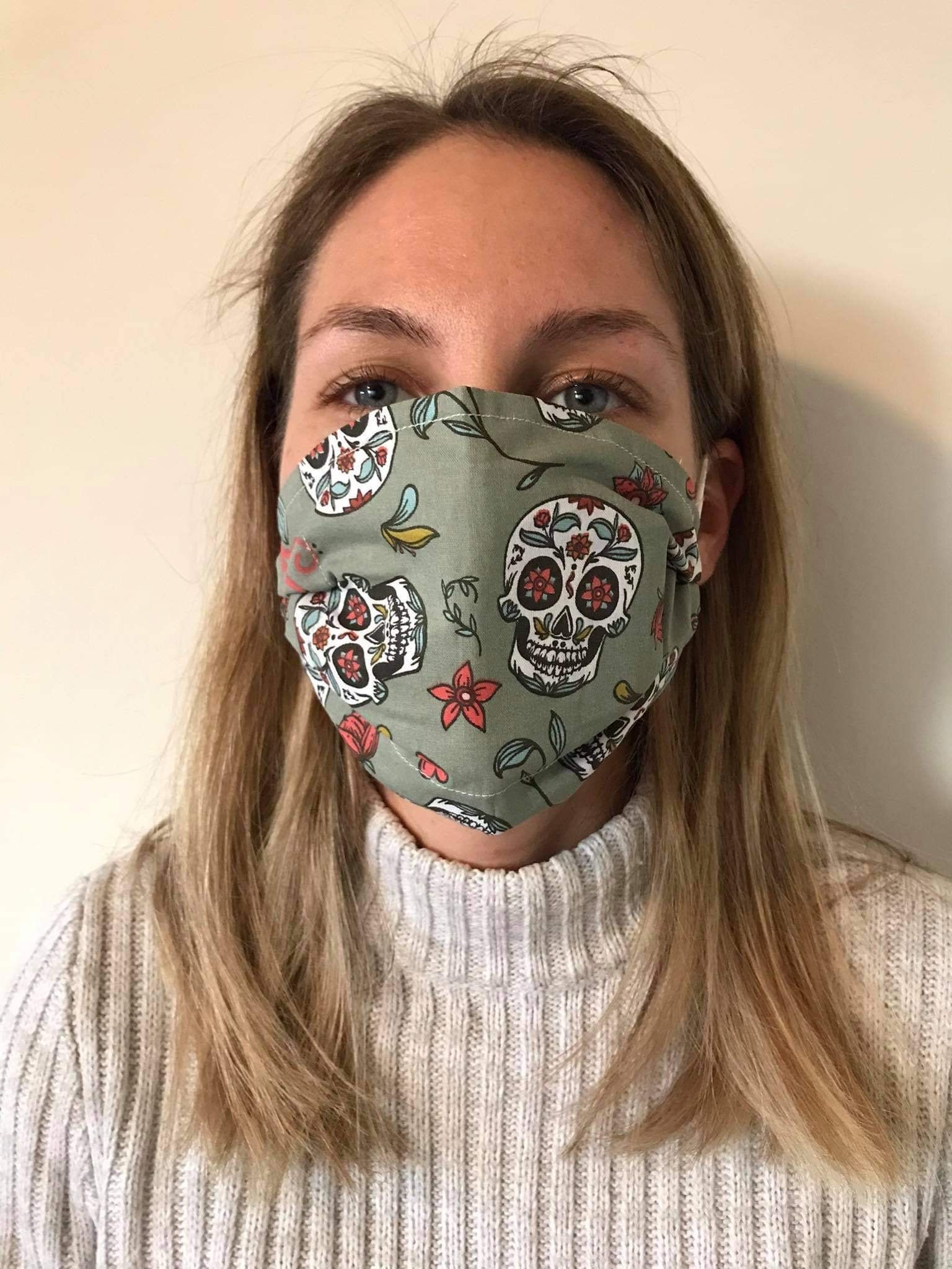 Skull print fabric face covering with carbon filter pocket and | Etsy