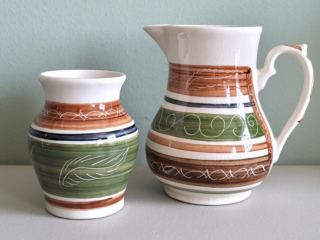 Vintage Welsh Dragon Pottery, Cream Brown & Green Pitcher and Vase ...