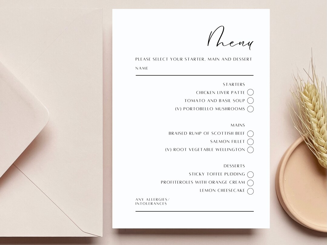 Guest Menu Card Menu Choice Card Menu RSVP - Etsy